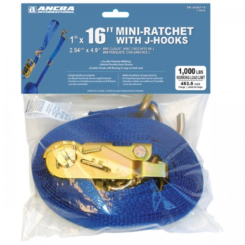 1'' x 16' Ratchet Strap Assembly W/ Wire Hooks - 1,000 lbs WLL